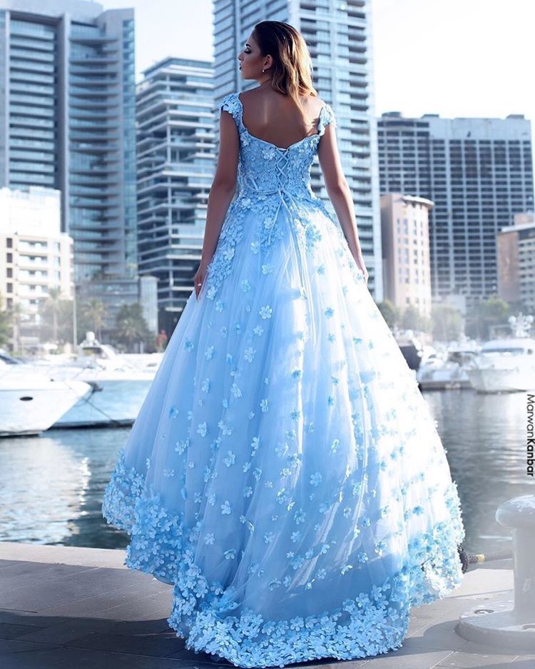 Ice Blue Flowers Edge Prom Dresses Ball Gown,off The Shoulder Sweep ...