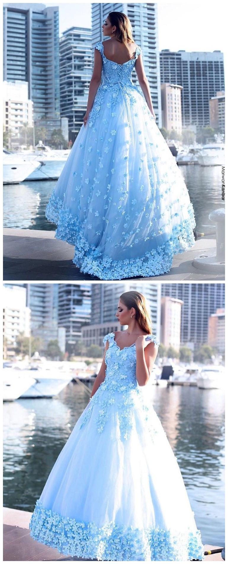 Ice Blue Flowers Edge Prom Dresses Ball Gown,off The Shoulder Sweep ...